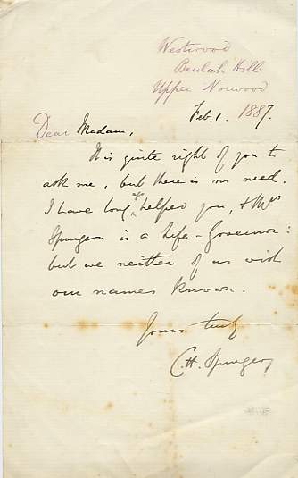 SPURGEON, Charles Haddon, letters, autographs, documents, manuscripts